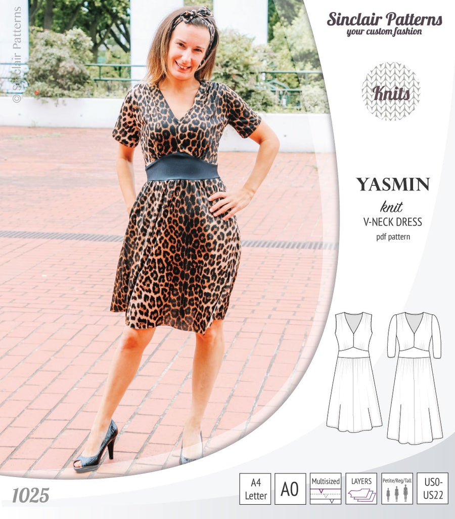 Yasmin V neck knit dress with pleated accents (PDF) – Sinclair Patterns