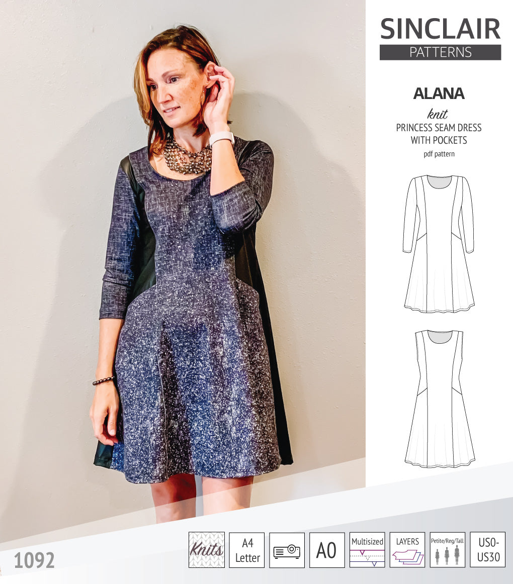 Alana princess seam knit dress with pockets pdf sewing pattern (PDF ...