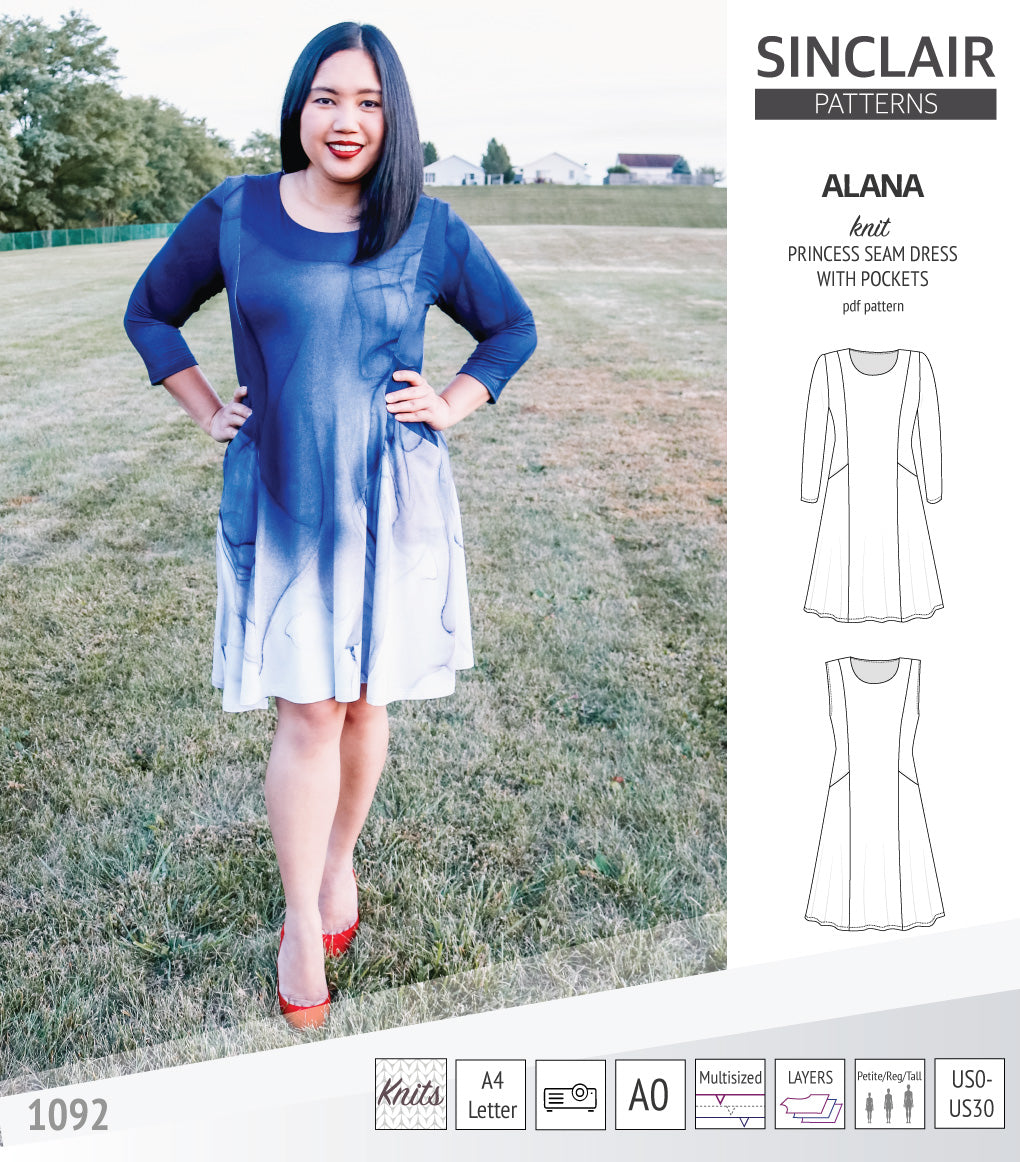 Alana princess seam knit dress with pockets pdf sewing pattern (PDF ...