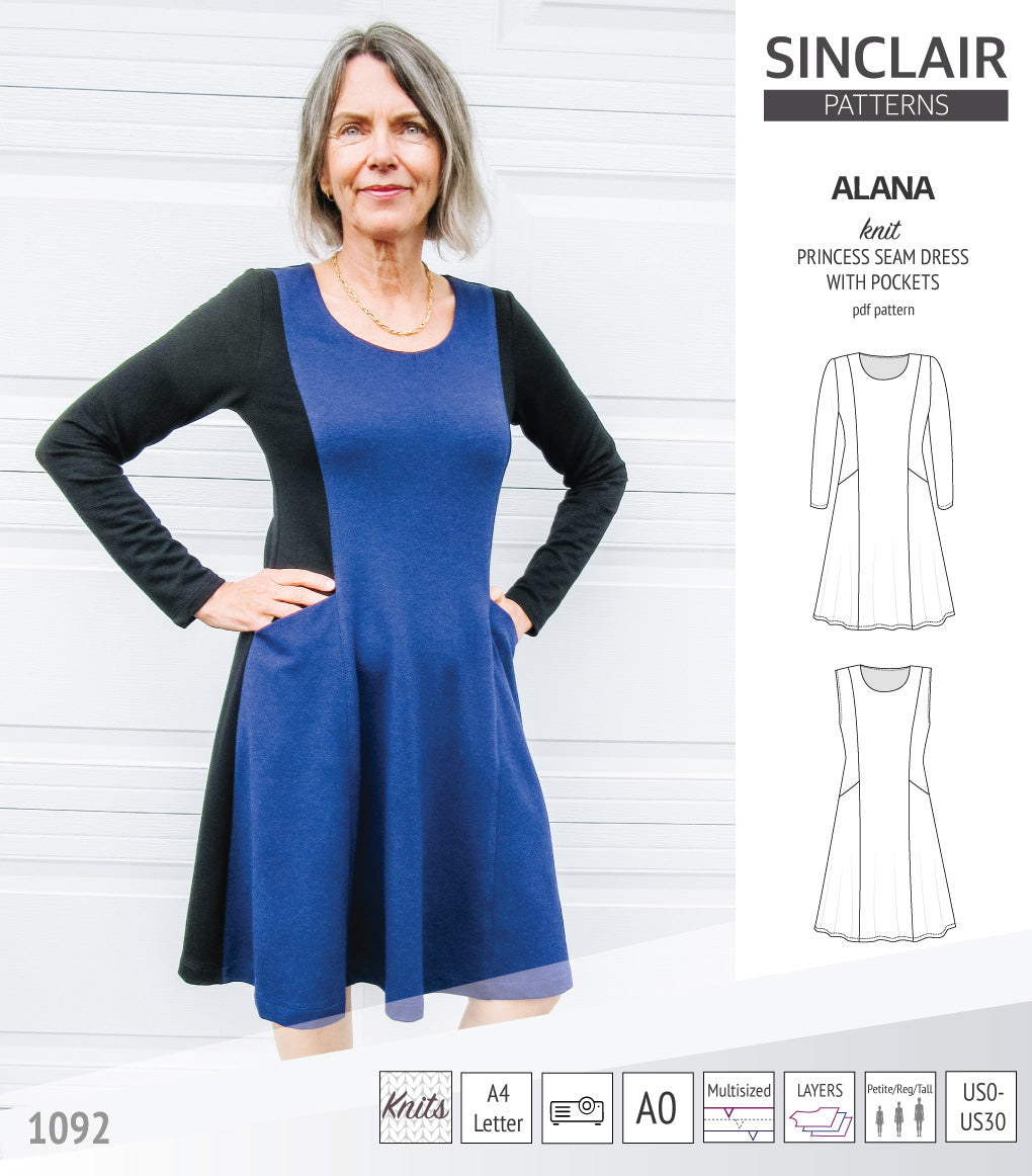 Alana princess seam knit dress with pockets pdf sewing pattern (PDF ...