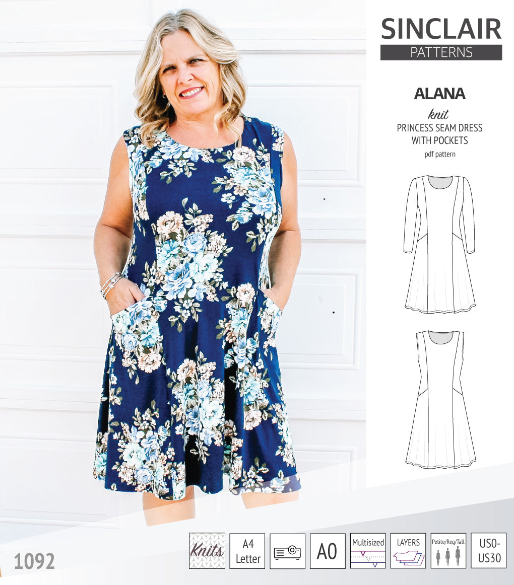 Alana princess seam knit dress with pockets pdf sewing pattern (PDF ...