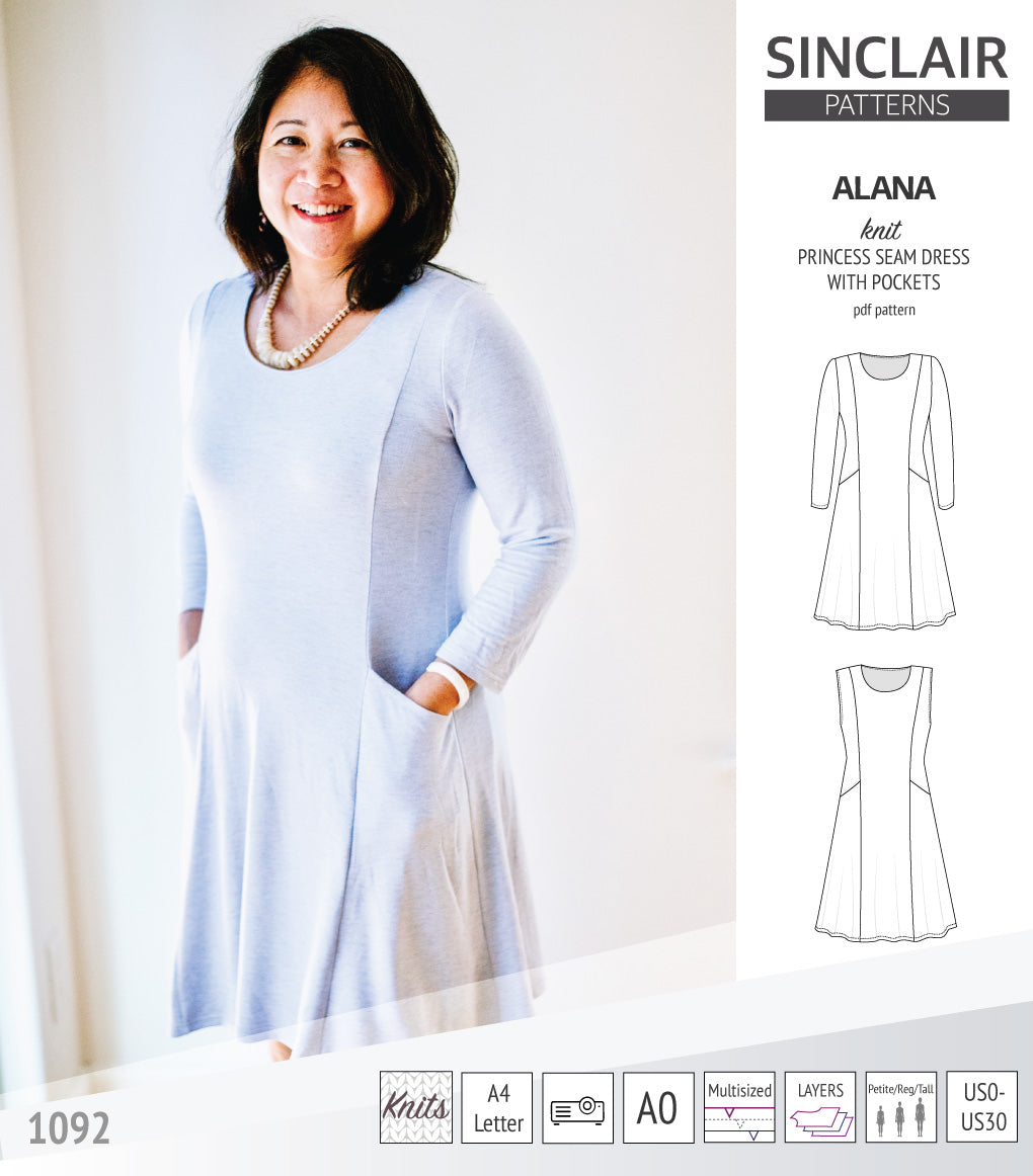 Alana princess seam knit dress with pockets pdf sewing pattern (PDF ...